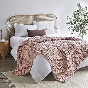 Madison Park Chenille Chunky Knit Handmade Throw, Luxurious and Classic Design, Elegantly Soft, Lightweight, Breathable Cover, Cottage Style Room Décor Summer Blanket, 50" W x 60" L, Blush