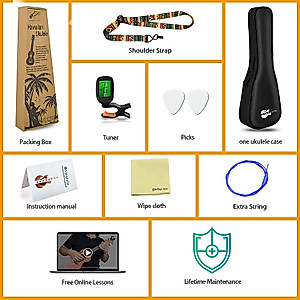Everjoys Soprano Ukulele Beginner Pack-21 Inch w/Rainbow String Free Online Lesson Gig Bag Fast Learn Songbook Digital Tuner Pick All in One Kit