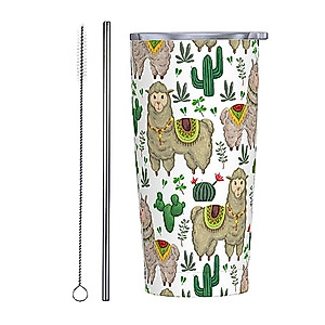 20oz Insulated Coffee Tumbler With Straw Stainless Steel Swig Tumblers,Travel Mugs Insulated For Hot And Cold,Reusable Thermal Water Bottle Cup For Car Camping Exercise（Llama Animal Cactus Floral ）