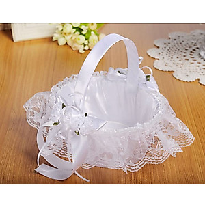 2 PCS Wedding Flower Baskets for Girls,Creative Hand-held Lace Romantic White Flower Baskets for for Flower Bride/Kids Hand Held Wedding Ceremony Party Accessories