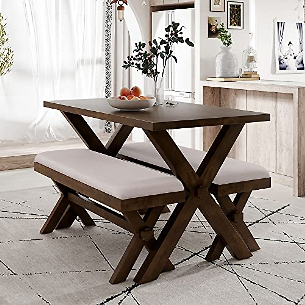 Harper & Bright Designs 3-Piece Wood Dining Table Set, Farmhouse Rustic Kitchen Dining Table with 2 Upholstered Benches, Brown+Beige