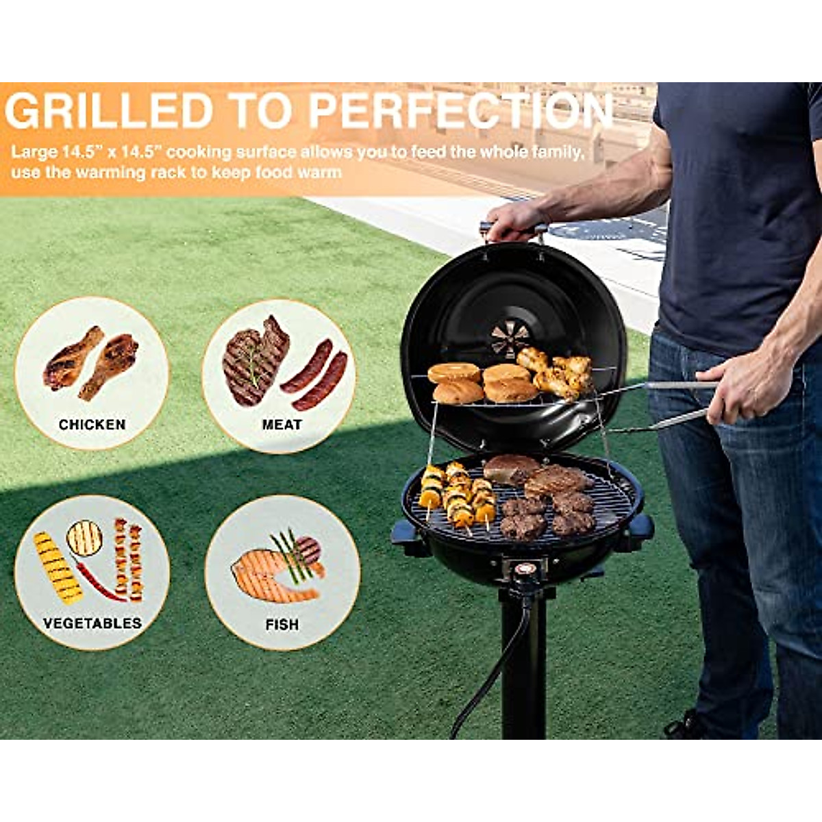 Homewell Electric BBQ Grill for Indoor & Outdoor Grilling with Warming Rack - Portable Patio Grill 1600 Watts (Black)