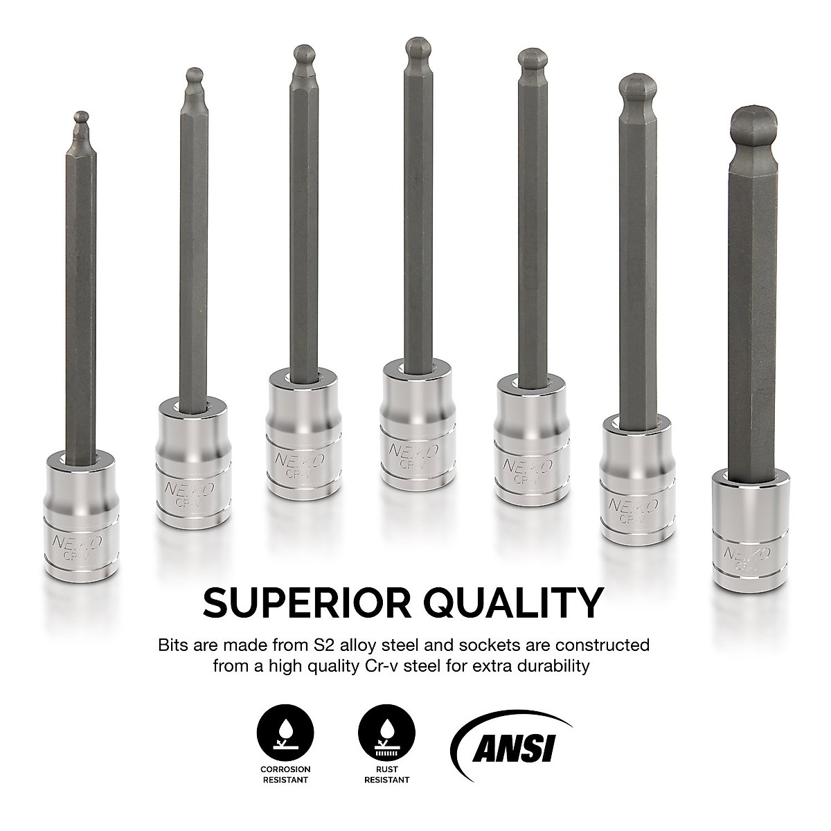 Neiko 10243A 3/8-Inch-Drive Extra-Long Ball-End Hex-Bit Socket Set, Metric Sockets 3/8" or 3 to 10 mm, S2 Steel, 7-Piece Set