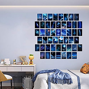 HZSYF Blue Photo Wall Collage Kit - Galaxy Stars Wall Art Space Posters Pictures Aesthetic Room Decor for Boys Girls Bedroom Dorm Nature Nebula Starry Night Universe Artwork 50 Set 4x6inch UNFRAMED