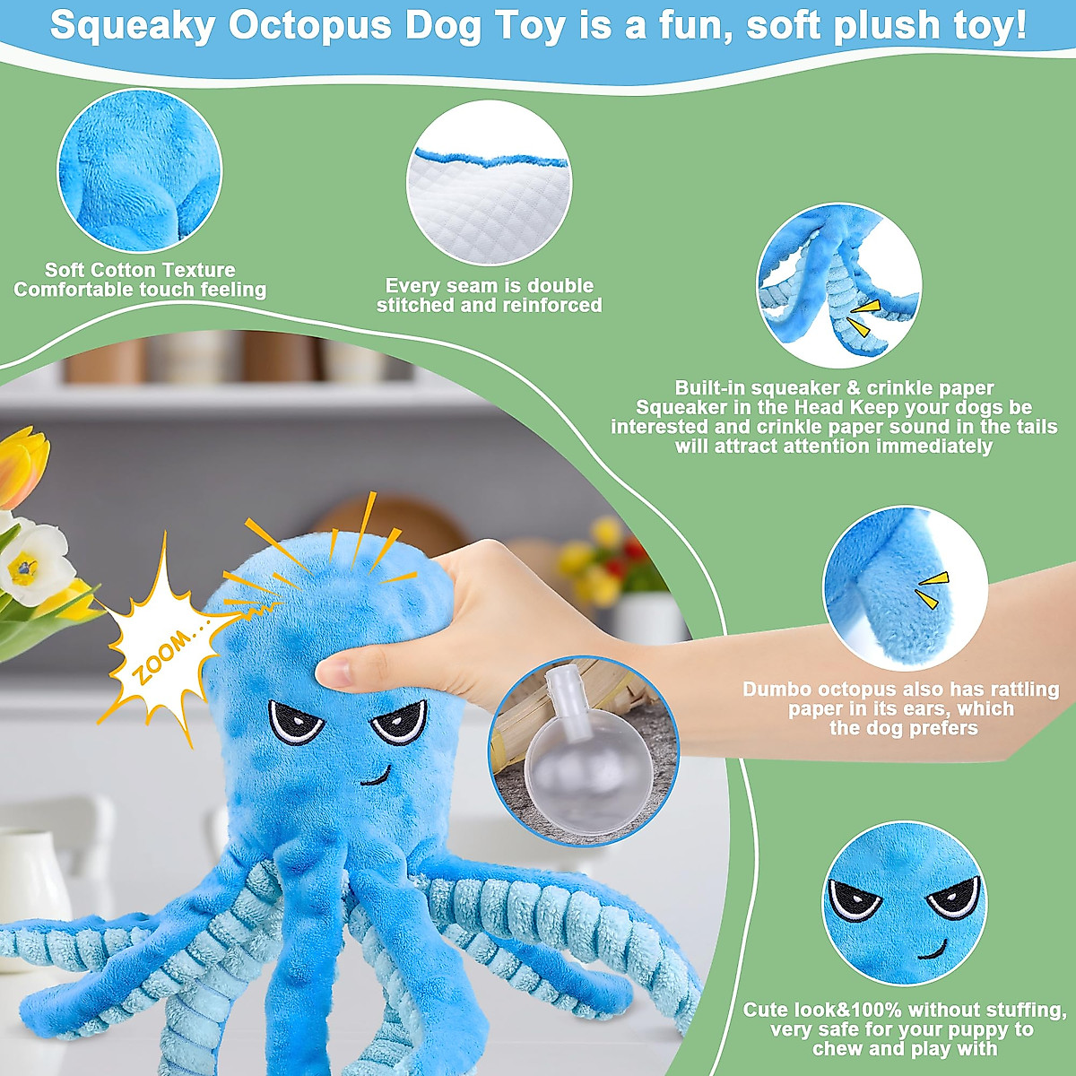 BitPeUG Squeaky Dog Toys Large Dog Toys Big Dog Toys with Crinkle Paper, Interactive Playing Tug-of-War Dog Toys, Dumbo Octopus Stuffed Durable Chew Toys, Dog Toys for Large Dogs for Teething