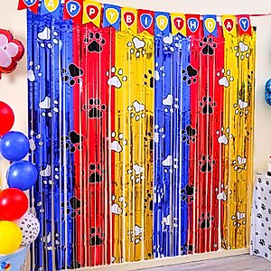 Bupelo Paw Birthday Decorations, 2 Pack Gold Red and Blue Paw Birthday Party Supplies 3.3 x 6.6ft Tinsel Foil Fringe Curtains Photo Booth Props Backdrop Streamers, House Doorway Room Decor for Kids