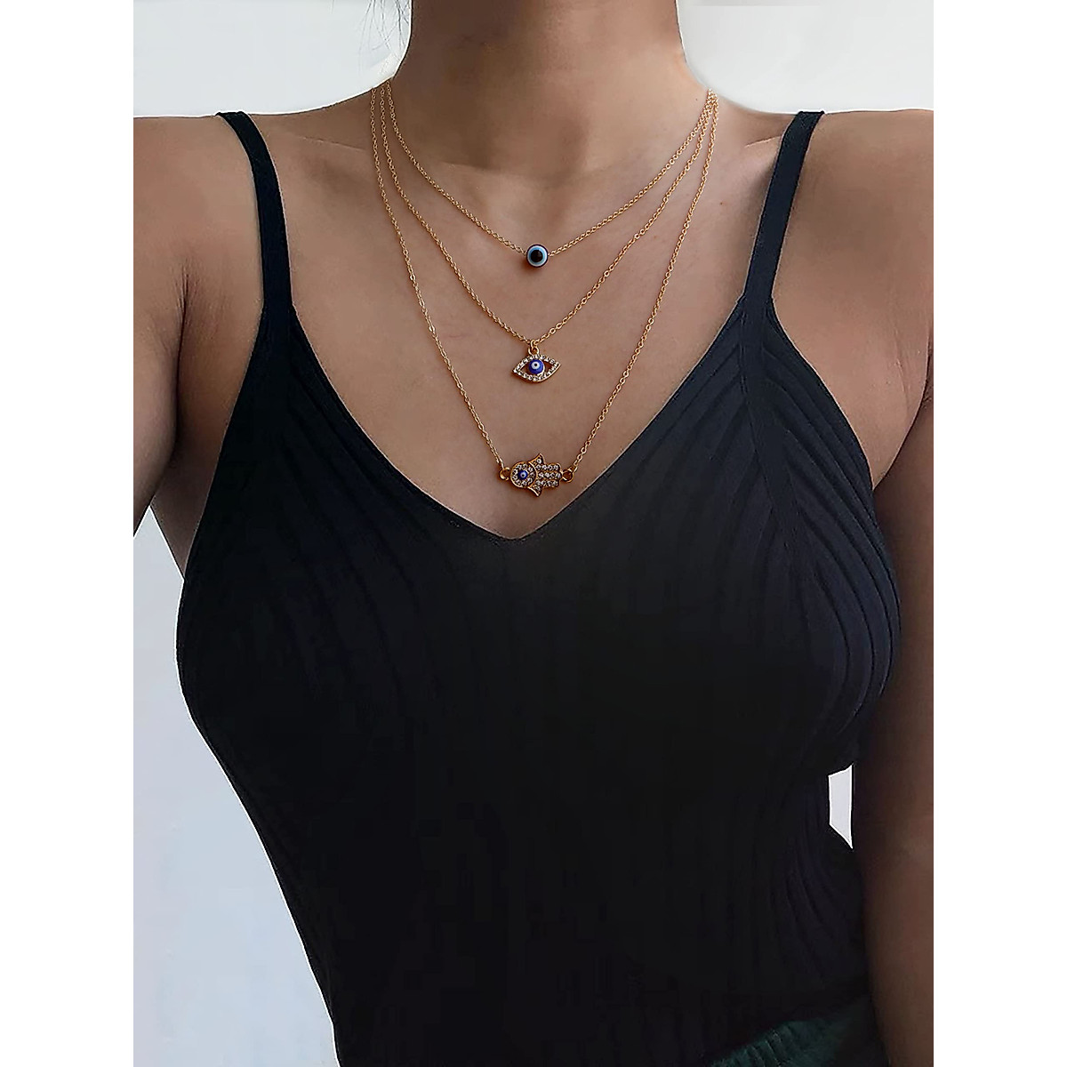 Baydurcan Gold Dainty Evil Eye Necklace and Hamsa Necklace Turkish Blue Eye Hand Pendant Necklace 3pcs Lucky Protection Jewelry Gift for Women Teenagers