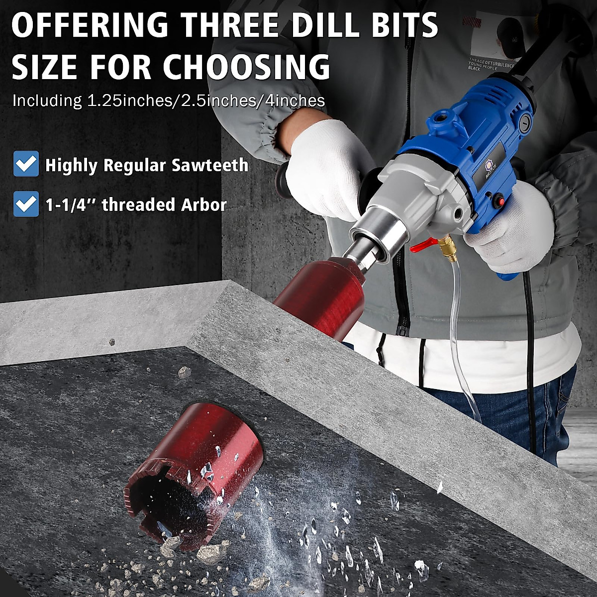 Diamond Core Drilling Machine,Wet & Dry Handheld Concrete Core Drill Rig,1900RPM 1-1/4" Thread Core Drill Rig with Water Pump Water Pipe for Concrete Brick Stone Block,with 1.25in/2.5in/4in Drill Bits