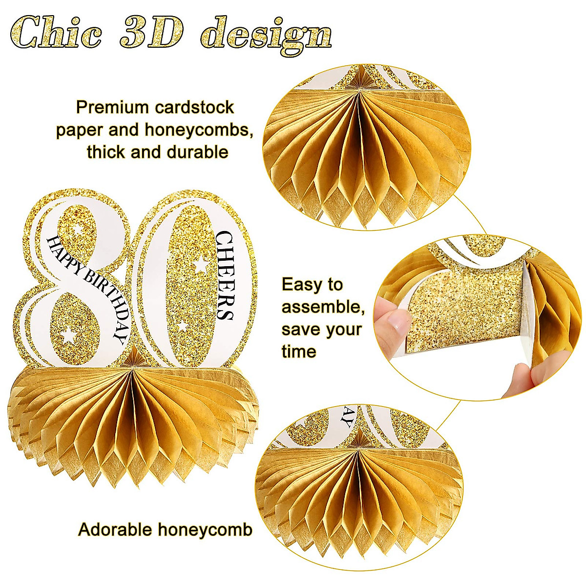 8 Pieces 80th Birthday Table Decorations for Men and Women, Happy 80th Honeycomb Centerpieces Black Golden 1943 Aged Birthday Party Decorations Tables Toppers for 80 Years Party Supplies