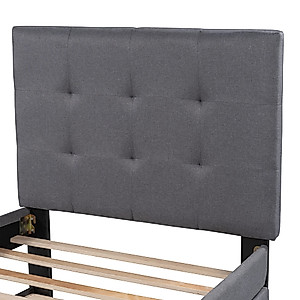 CJLMN Modern Twin Size Linen Upholstered Platform Bed with Trundle and Headboard,Wooden Bed Frame for Kids Teens Adults,No Box Spring Needed