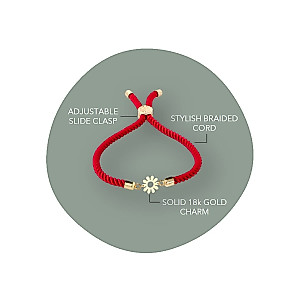 Reem's Gold 18kt Yellow Gold Adjustable Cord Bracelet for Women, Solid 18Kt Gold Flower Charm, Bracelet (RUZA Bracelet), Perfect Valentine's Day Gift (Red)
