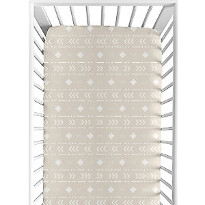 Sweet Jojo Designs Boho Aztec Geometric Boy or Girl Fitted Crib Sheet Baby or Toddler Bed Nursery - Gender Neutral Beige Taupe Tan and White Bohemian Southwest Tribal for Llama Collection
