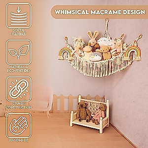 Luna Village Stuffed Animal Hammock, Stuffed Animal Organizer, Plush Toys Net Holder with 2 Macrame rainbows Macrame Toy Hammock, Stuffed Animal Net or Hammock, Stuffed animal net
