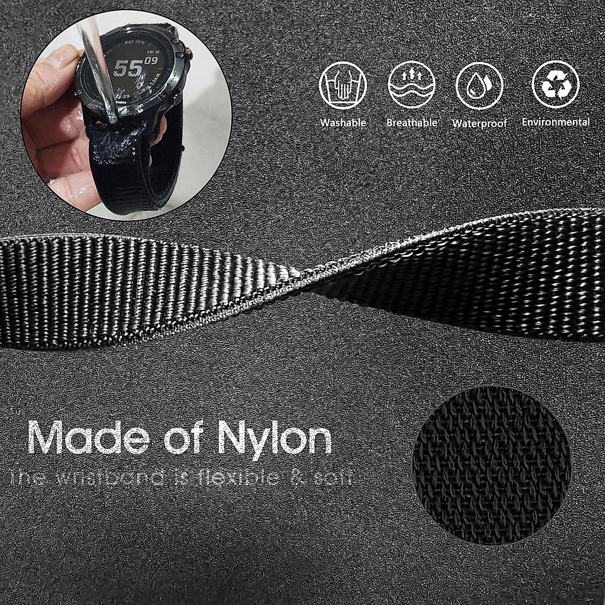 Abanen Hook and Loop Quick Dry Watch Band for Fenix 6/5/7/EPIX 2, 22mm Woven Nylon Ultralight Sport Wristband Strap for Garmin Fenix 6 Pro/Sapphire,Instinct,Forerunner 955 (Black Green)