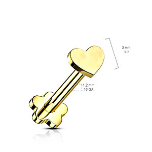 Satix 16G Black Heart Shaped Titanium Labret Flat Back Labret Monroe Lip Ring Tragus Helix Cartilage Earring Stud Barbell 8mm - 5/16" Bar Body Piercing Jewelry