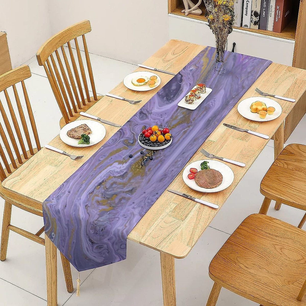 Golden Purple Flowing Marble Table Runner Spring Summer Table Runners Dresser Scarf for Home Party Holiday Kitchen Dining Table Decor 70x13 INCH
