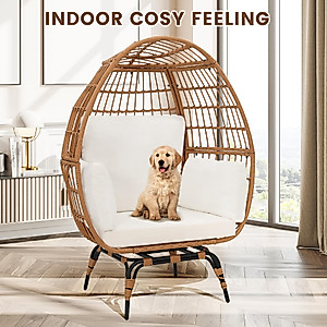 Murago Oversized 360 Swivel Rattan Egg Chair for Adult, Indoor Large Wicker Egg Chair, Outdoor Patio Rattan Egg Chair with overstuffed Cushions, Natural Rattan with Beige Cushion