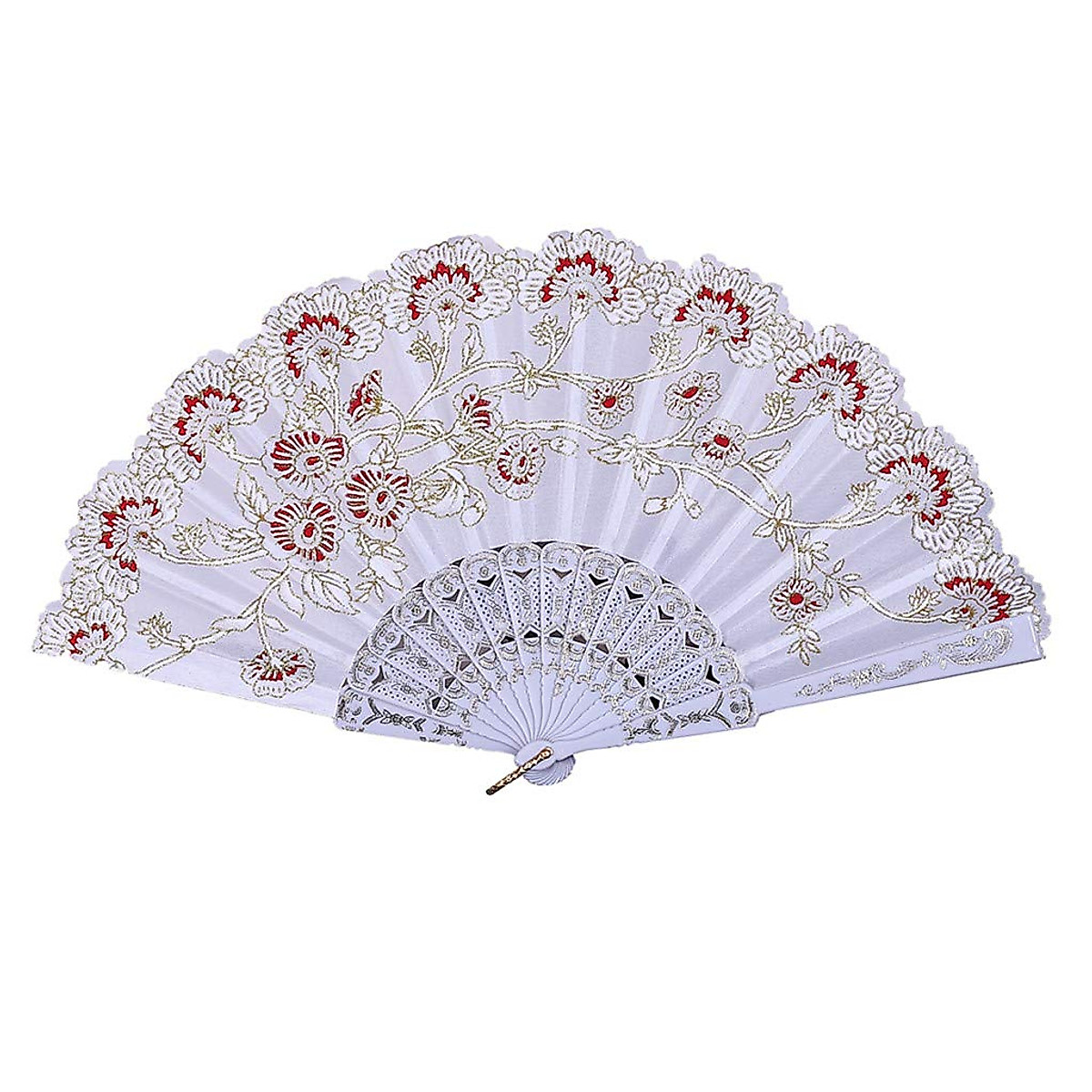 Best Chinese Style Dance Wedding Party Lace Silk Folding Hand Held Flower Fan - HHmei Fan, Decorative Fan, Retro Fan, Dance Fan, Gilded (White)