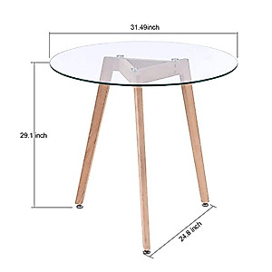 Ivinta Round Glass Dining Table, Modern Leisure Table with Wood Legs for Kitchen Dining Room Living Room, Accent Table Small Tea Table for 2, Space Saving, 31.5 inch