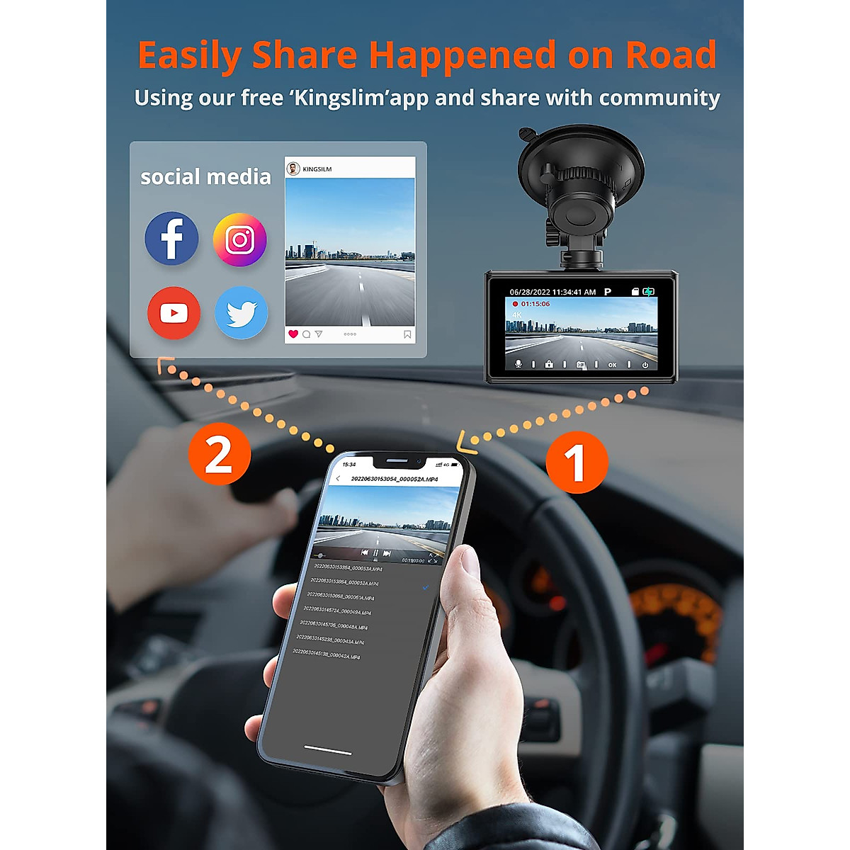 4K Dash Cam Front and Rear with WiFi - Kingslim D2 Pro 4K Front and 1080P Rear Dual Dash Cam for Cars, Dashboard Camera with Night Vision and Parking Monitor, Black, 256GB Supported[Upgraded Version]