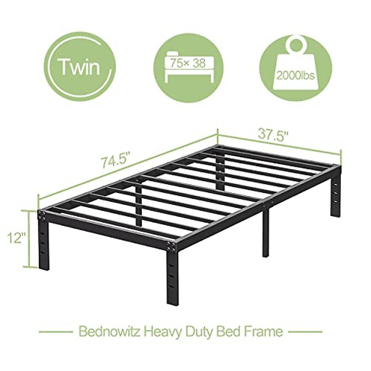 Bednowitz Twin Bed Frames, 12 Inch High Platform Bed No Box Spring Needed, Heavy Duty Metal Frame, Noise-Free Mattress Foundation, Easy Assembly, Black