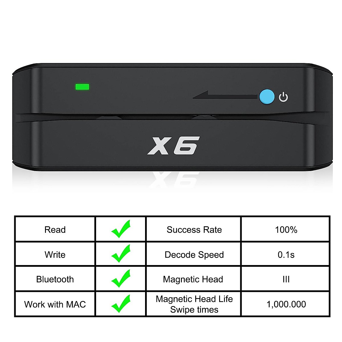 X6 BT Bluetooth Magnetic VIP Card Reader Writer USB 3 Tracks Swipe Encoder [Upgraded Black Version]