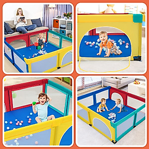 HONEY JOY Baby Playpen, Extra Large Baby Gate Playpen w/ 50 Ocean Balls, No Gaps Infant Safety Gates with Breathable Mesh & Zippered Door, Indoor Play Yards for Toddlers (Rectangle, Colorful)