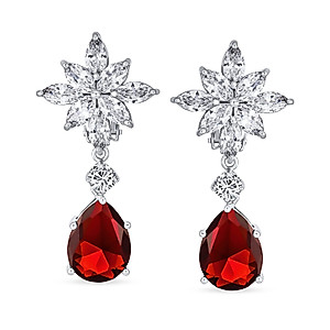 Bridal Art Deco Style Cluster Floral AAA CZ Red Statement Dangle Teardrop Chandelier Clip On Earrings For Women Simulated Ruby Silver Plated