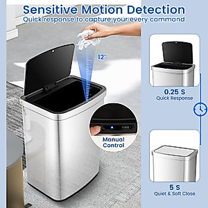 S AFSTAR Automatic Trash Can, 13 Gallons Stainless Steel Garbage Can Trash Bin with Quick & Soft Close Lid, Deodorizer Compartment, Touchless Motion Sensor Trash Can for Kitchen Bathroom Office
