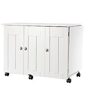 BOWERY HILL Engineered Wood Drop-Leaf Sewing or Craft Table with Melamine Top Surface, Storage Behind Roll-Open Door, Easy-roll Casters in Soft White
