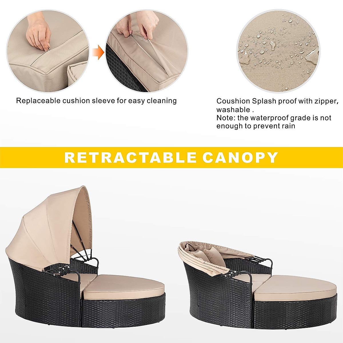 Walsunny Patio Furniture Outdoor Lawn Backyard Poolside Garden Round Daybed with Retractable Canopy Wicker Rattan, Seating Separates Cushioned Seats