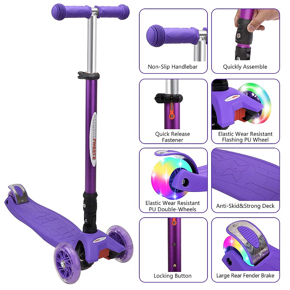 ChromeWheels Scooters for Kids, Deluxe Kick Scooter Foldable 4 Adjustable Height 132lbs Weight Limit 3 Wheel, Lean to Steer LED Light Up Wheels, Best Gifts for Girls Boys Age 3-12 Year Old, Purple