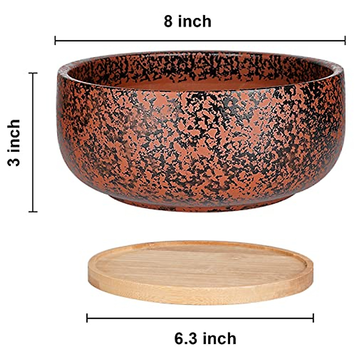 G EPGardening 8 Inch Terracotta Succulent Planter Pot with Drainage Hole Round Shallow Bonsai Planter Pot with Bamboo Saucer Flower Pot for Indoor Plants Black