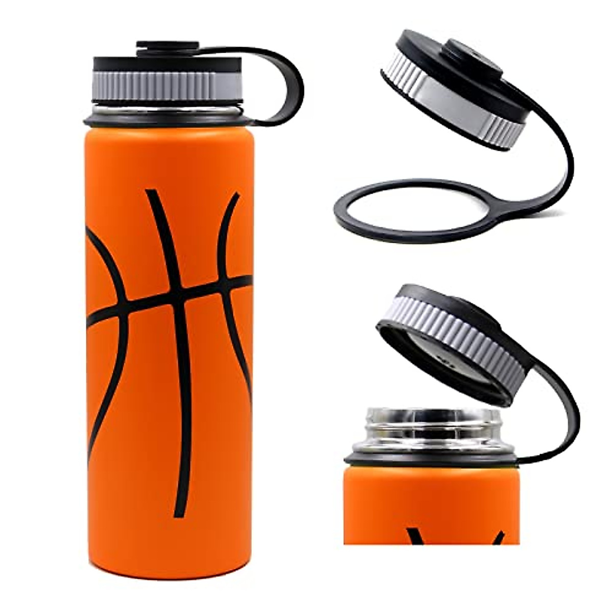 22 oz Basketball Water Bottle, Metal Thermo Bottle with 2 Lids 18/8 Stainless Steel Tumbler Double Wall Vacuum Insulated Flask for Gym, Travel, Sports (22oz, Basketball)