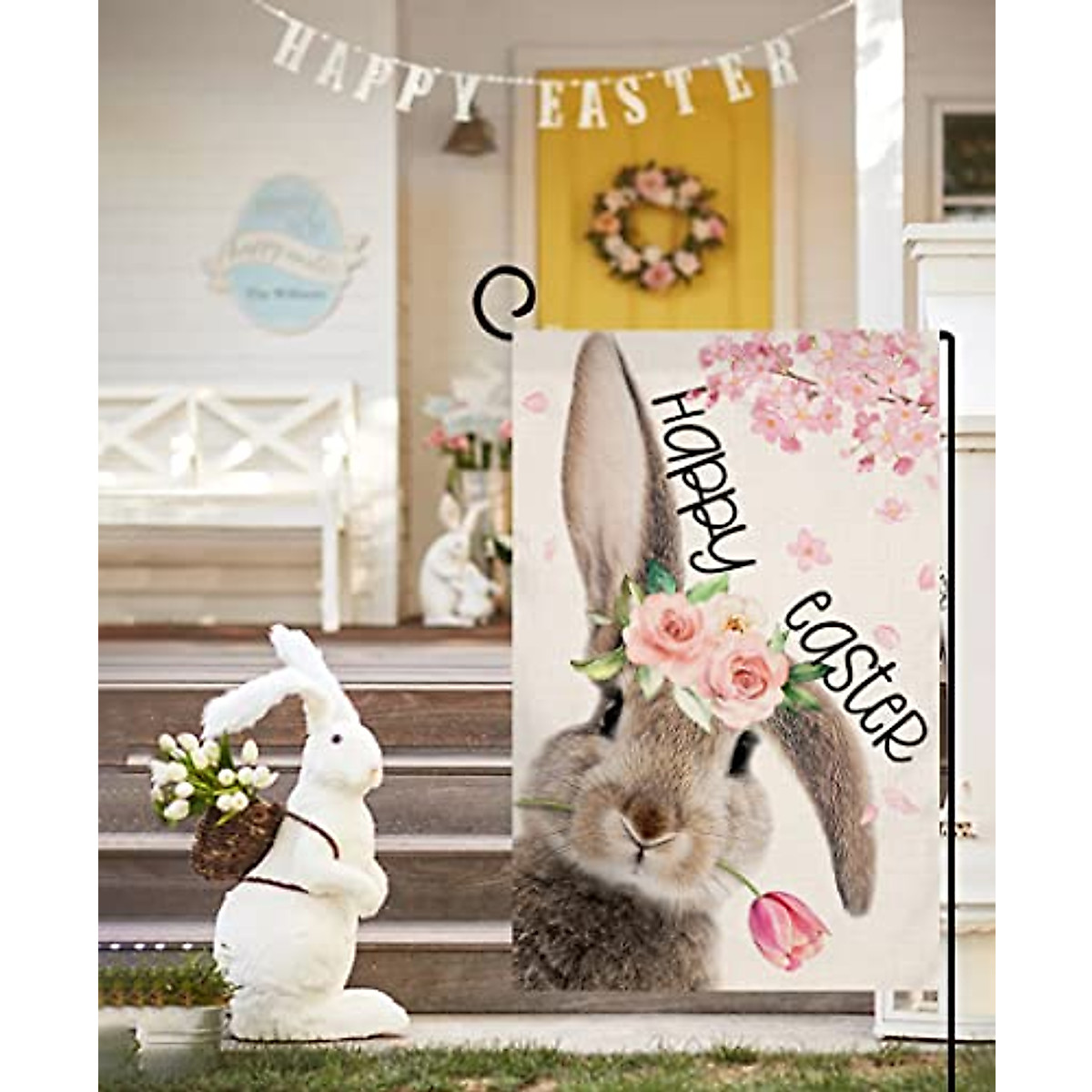 Easter Bunny Garden Flag 12x18 Vertical Double Sided Gray Rabbit Spring Floral Tulip Farmhouse Holiday Outside Decorations Burlap Yard Flag BW278