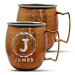 Personalized Custom Brown Mug Hammered Finish Moscow Mule with Brass Handle | Stamp Monogram Engraved Bar Style Cup, 18 oz | Set of 2