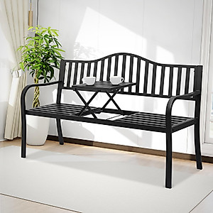 SFIHOME Metal Frame Garden Bench with Folding Table, 59" All-Weather Outdoor Benches for 2 Adults, Patio Bench with Slatted Backrest, Bench for Lawn Yard Porch Entryway, Black