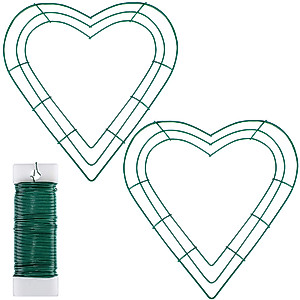 WILLBOND 2 Pack 12 Inch Heart-Shaped Wire Wreath Rings Garden Heart Dark Green Metal Wreath Frame with 115ft Green Flexible Paddle Wire Florists Wire for New Year Valentines Home Party Decoration