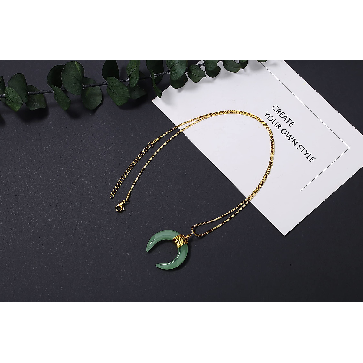 MAIBAOTA Crescent Moon Necklace for Women Gold Plated Moon Pendant Jewelry Spiritual Witchy Gemstone Necklace Green Aventurine Crystal Stone Necklaces