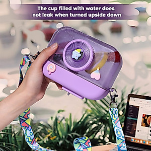 fufeisi Girls Kawaii Water Bottle with Straw,400ml Cute Water Bottle With Stickers, Kids Camera Shape Water Bottle for School with Adjustable Shoulder Strap for Juice(Purple)