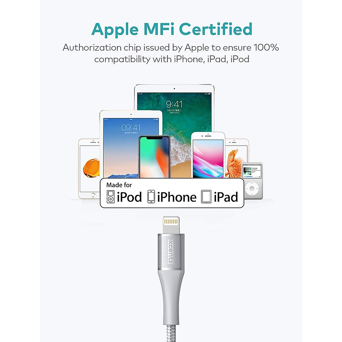 XCENTZ Phone Charger 10ft, MFi Certified Lighting Cable, High-Speed Phone Cable with Premium Connector for Phone 14/13/12/11/X/XS/XR/XS Max/8/7/6/5S/SE, Pad Mini/Air