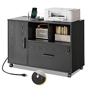 DEVAISE File Cabinet with Charging Station, 1-Drawer Lateral File Cabinets with lock for home office, Wooden Rolling Printer Stand with Shelves, Black