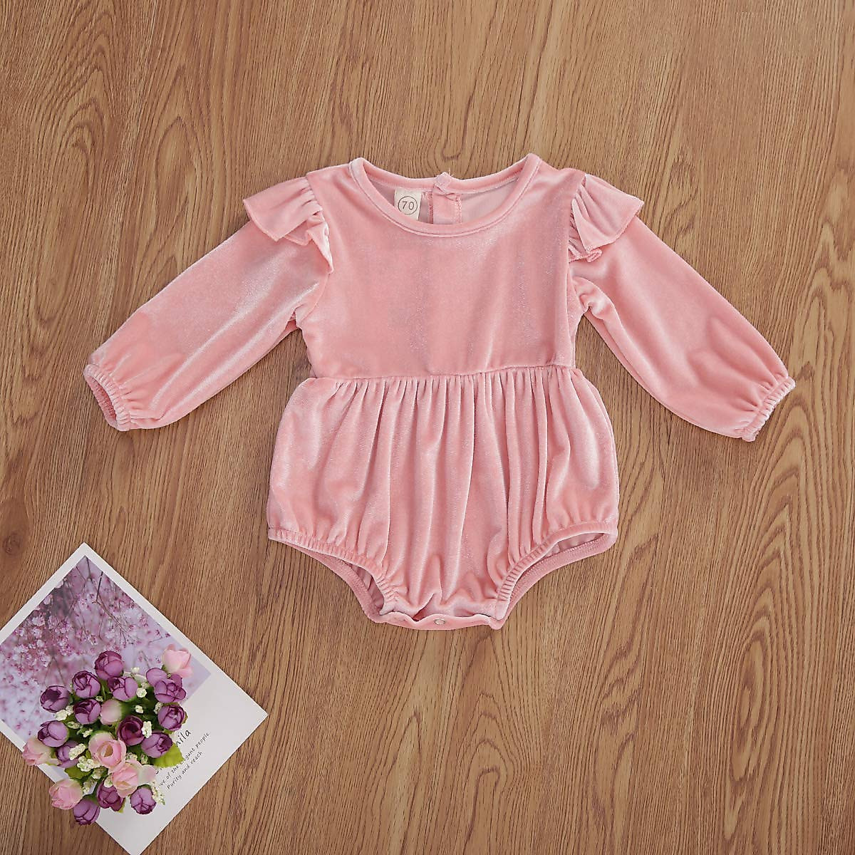 Infant Baby Girl Plain Fall Crushed Velvet Long Sleeve Bodysuits Romper Tops (A Peach Pink, 6-12 Months)