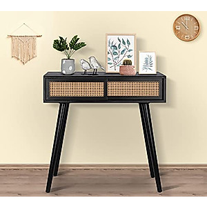 Console Table, Small Entryway Table, Console Tables for Entryway, Rattan Dresser Side Table Black Entry Table Narrow Console Table Modern Hallway Table Boho Sofa Table for Living Room, Vanity Desk