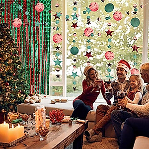 Christmas Party Decoration Backdrop - 4 Pack Foil Fringe Curtains Tinsel Curtain and 2Pcs Glitter Circle Dots Star Garlands for Birthday Xmas Holiday New Year Eve Party Decorations (Red and Green)