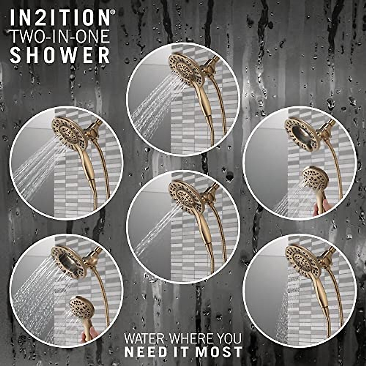 Delta Faucet 4-Spray In2ition Dual Shower Head with Handheld Spray, Gold Shower Head with Hose, Showerheads & Handheld Showers, Handheld Shower Heads, Champagne Bronze 58499-CZ