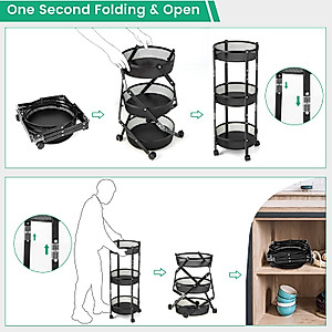 Giantex 3-Tier Fruit Vegetable Basket with Rollers - 35" Tall No Assembly Required Metal Wire Storage Organizer Trolley Cart, Tool-Free Assembly One-Second Folding Utility Cart with Wheels