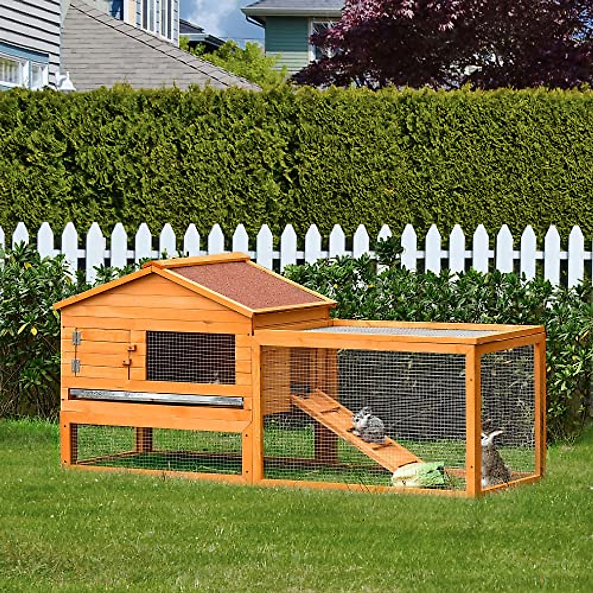 PawHut 62" Large Outdoor Rabbit Cage Small Animal Hutch Playpen With Run