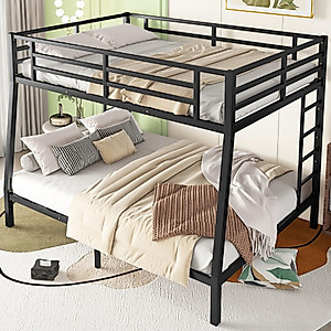 Full XL Over Queen Bunk Beds with 2 Build in Ladder and Full Length Guardrail, Heavy Duty Bunk Bed/Full XL Over Queen Bunk Bed for Adults, Teens, Kids, No Box Spring Needed(Black Full XL Over Queen)
