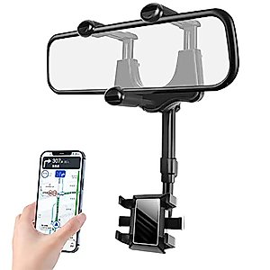 Rearview Mirror Car Phone Holder Mount,360° Rotatable and Retractable Universal Multifunctional Adjustable Rearview Mirror Phone Holder for Car and All Mobile Phones